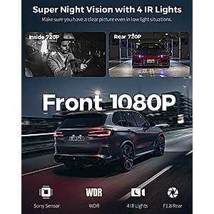 3 Channel 1080P Dash Cam Front and Rear Inside,32GB SD Card Included Three Way Triple Car Camera,IR Night Vision Dash Camera for Cars,Loop Recording, G-Sensor, Parking Monitor for Taxi