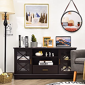 Tangkula Wood TV Stand with 2 Glass Door Cabinets, Media Console with Drawer & 2-Tier Adjustable Shelves, Living Room Entertainment Center for TVs up to 55 Inch, TV Console Table, Dark Brown