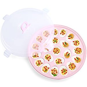 HANSGO Deviled Egg Platter, Pink Deviled Egg Containers with Lid Plastic Deviled Egg Keeper Platter Carrier for Holiday Season Table Party, 22 Egg Slots