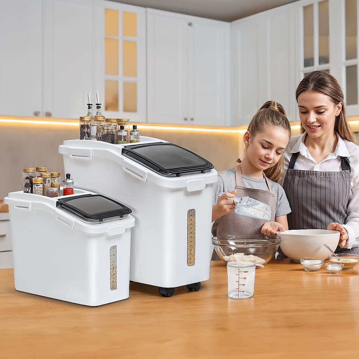 YITAHOME 65L/117lbs Large Ingredient Storage Bins, Commercial 11.4+5.8 Gal Rice Flour Storage Container, Organizer Storage Bin with Measuring Cup, Scoop and Wheels for Kitchen, White & Black Lid