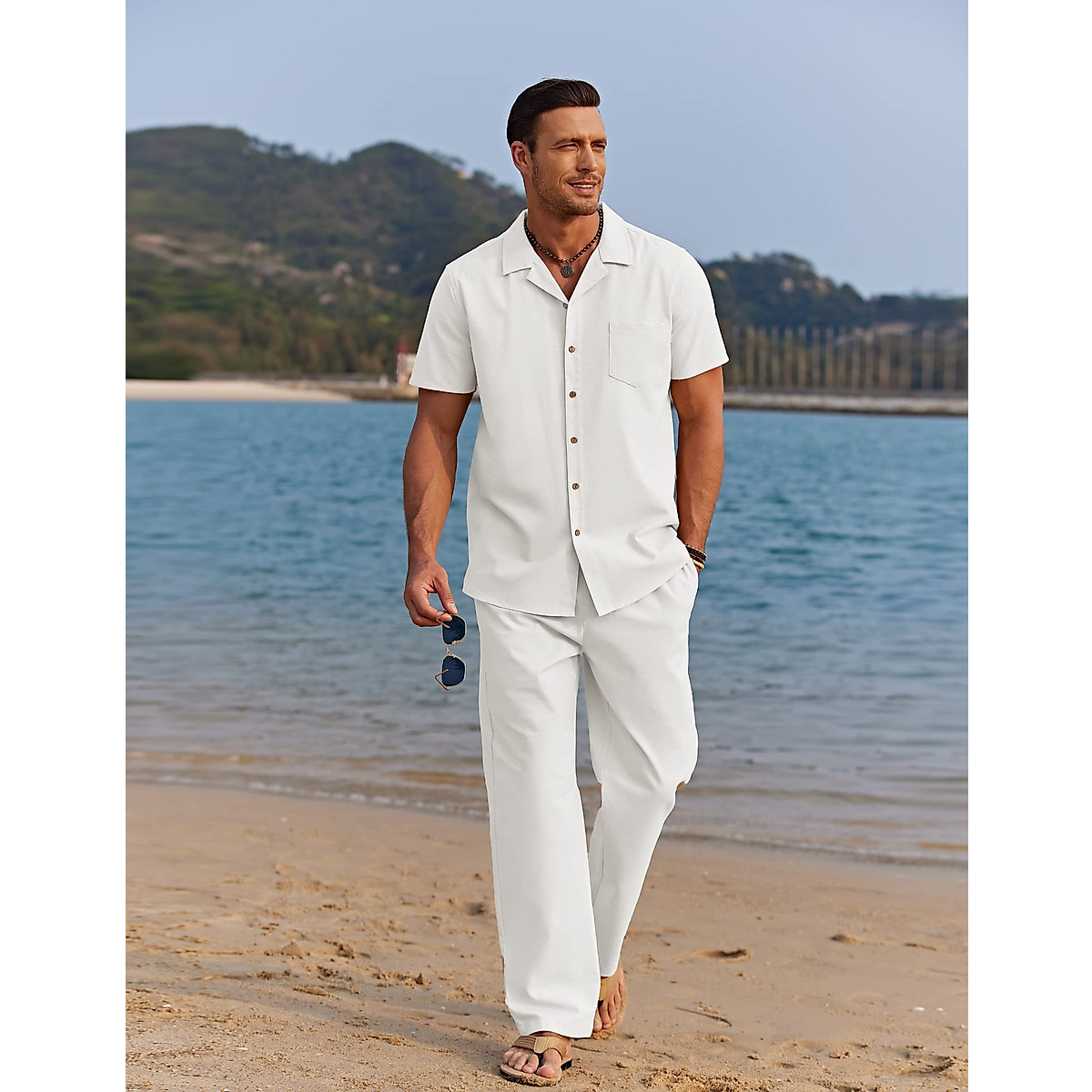 COOFANDY Mens Casual Linen 2 Piece Outfit Set Cotton Beach Pant Guayabera Shirts