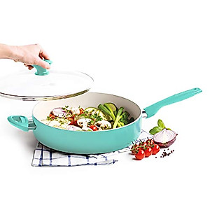 GreenPan Rio Healthy Ceramic Nonstick, Saute Pan with Lid, 5QT, Turquoise