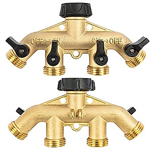 Hourleey Brass 4 Way Heavy Duty Garden Hose Splitter, Water Hose Splitter for 3/4" Hose Connector, Hose Faucet Splitter Hose Spigot Adapter 4 Valves with 4 Rubber Washers & Tape