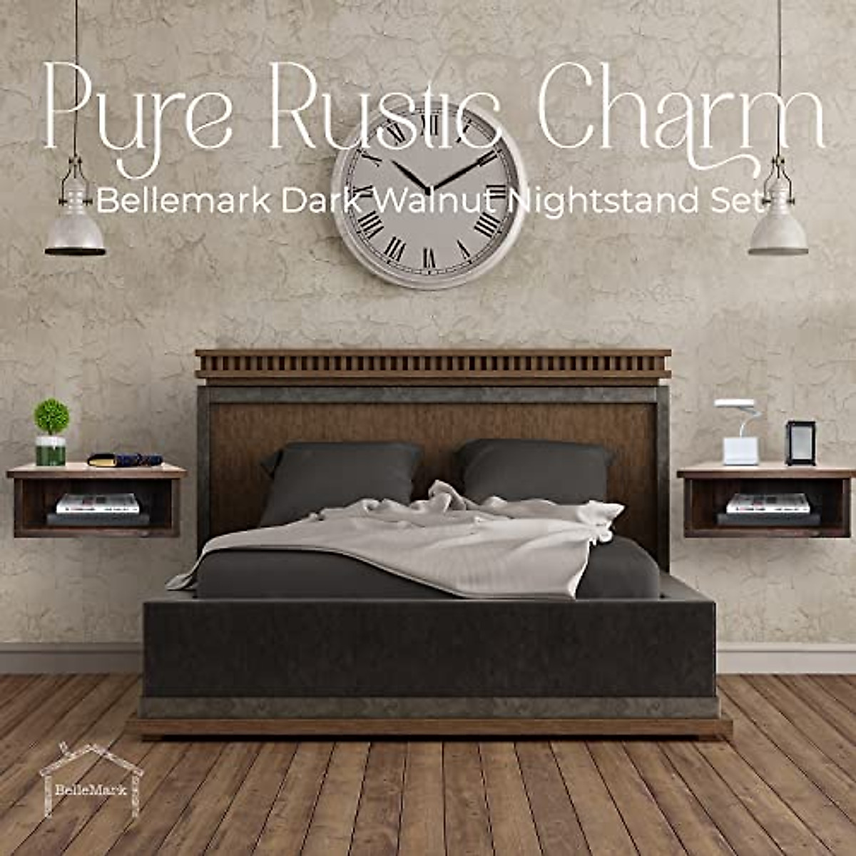 BELLEMARK Floating Nightstand | Wall Mounted Wood Bedside Table and Shelf for Bedrooms Hanging Storage Stand Great for Living Rooms, Dining Rooms, and More (Dark Walnut, Set of 2 Nightstands)