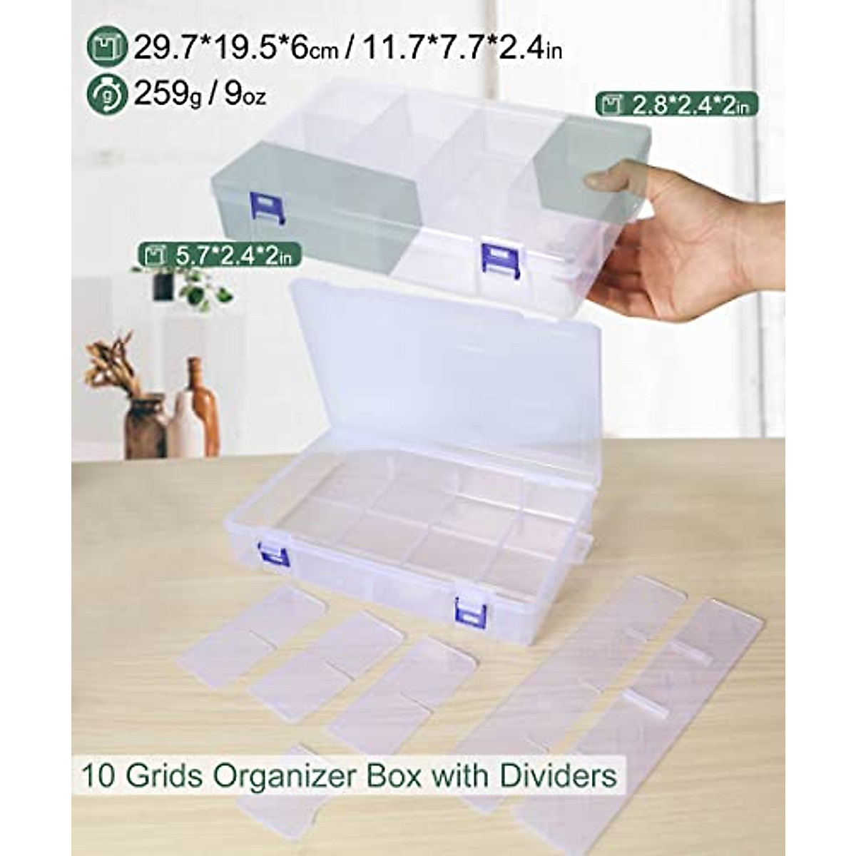 Uxwuy Plastic Organizer Box Craft Storage 10 Grids Box 2 Pack Compartment Organizer Box with Dividers Snackle Box Container Thread Organizer
