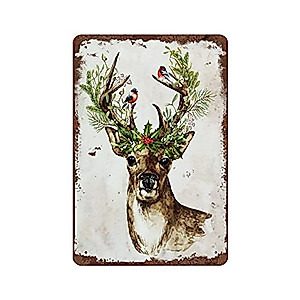Graman Winter Metal Deer Vintage Tin Sign Christmas Holly Home Decor Cabin Wall Sign Decor Watercolor Rustic Deer Winter Wall Art Sign 8x5.5 Inch