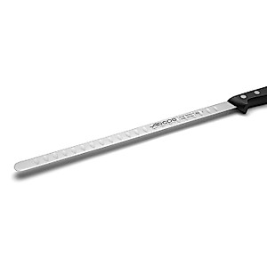 ARCOS Salmon Knife / Fish Knife 11 Inch Nitrum Stainless Steel and 290 mm blade. Ergonomic Polyoxymethylene POM Handle. Series Universal. Long, sturdy blade and serrated edge. Easily cuts. Color Black
