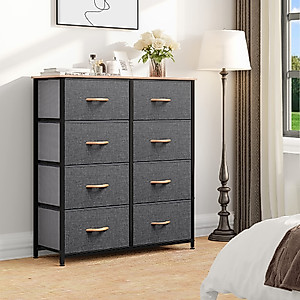 DWVO Dresser for Bedroom, Fabric Dresser with 8 Drawers, Tall Dresser, Double Dresser, Chest of Drawers for Closet, Living Room, Sturdy Steel Frame, Wooden Top, Easy Pull Handle, Charcoal Grey
