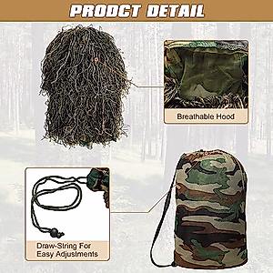 Ghillie Suit, 3D Camouflage Hunting Apparel Including Jacket, Pants, Hood, Carry Bag, Camo Hunting Clothes for Men, Hunters, Military, Sniper Airsoft, Paintball (Medium or Large, Woodland)