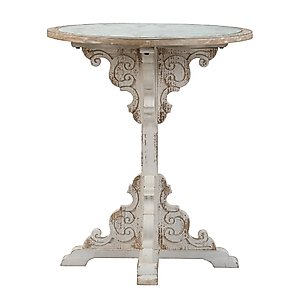 29 Inch Classic Accent Table Fir Wood Scrollwork Pedestal Whitewashed White Modern Contemporary Glass Natural Finish