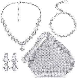 Sanwuta 4 Pcs Silver Clutch Purses for Women Evening Rhinestone Jewelry Set Necklace Earrings Bracelet Prom Wedding Accessories(Triangle Style)