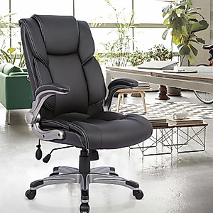High Back Executive Office Chair- Ergonomic Home Computer Desk Leather Chair with Padded Flip-up Arms, Adjustable Tilt Lock, Swivel Rolling Chair for Adult Working Study-Black