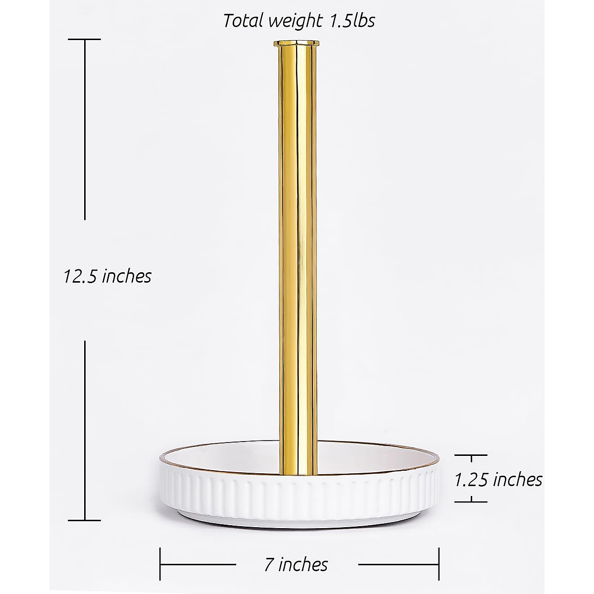 VROOMIUM Gold Paper Towel Holder Countertop, Ceramic Base Easy-to-Clean, 1.4 lbs, 7" B x 12.5" H, Stable Elegant and Durable Kitchen Roll Stand
