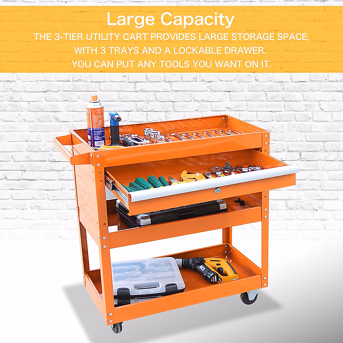 Oversized Tool Cart, Rolling Tool Cart, Mechanical Tool Storage Cart, 4-Wheel Tool Cart with Ball-Bearing Slides and Drawer Lock, Storage Cart and Tool Box for Warehouse and Garage Storage (Orange)
