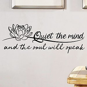 Quiet The Mind and The Soul Will Speak Lotus - Pure Black Vinyl Wall Decal Without Transparent Edge Art Letters Meditation Quotes Decoration Yoga Pilates Sayings