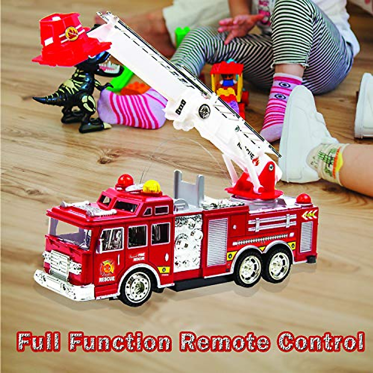 Toysery Remote Control Fire Truck Toy, Realistic Rc Trucks Toddler Toys, Siren Head Toy with Vivid Lights, Bump and Go Red Fire Trucks for Kids, Big Fire Truck with Extending Fire Ladder