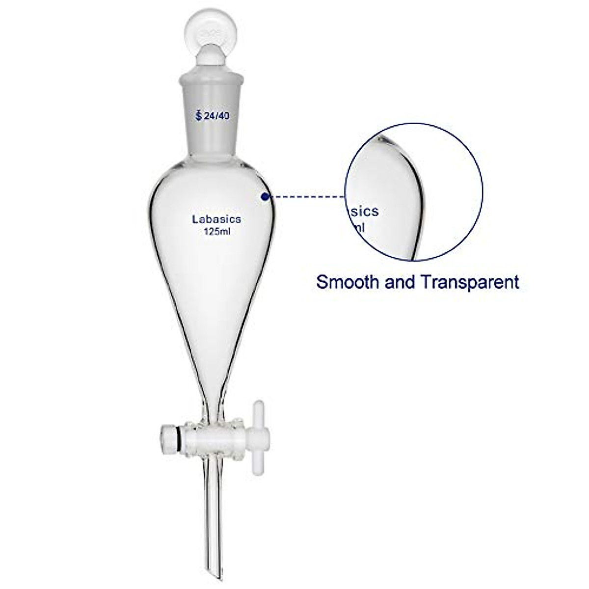 Labasics Borosilicate Glass 125ml Conical Separatory Funnel with PTFE Stopcock, 125mL