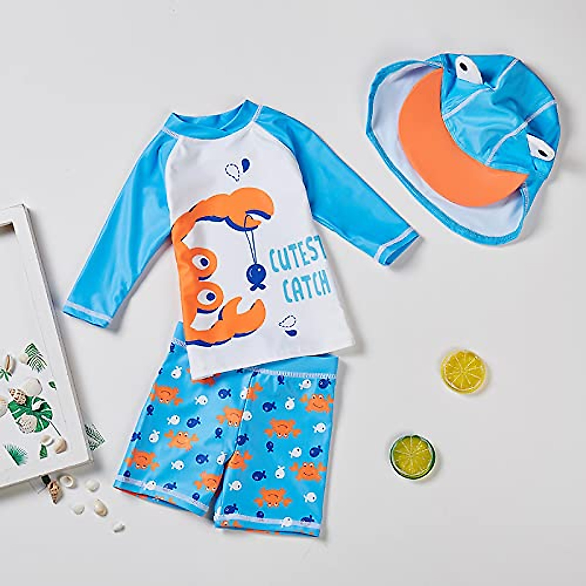 SGMWVB Baby and Toddler Boys' 3-Piece Swimsuit Set Bathing Suit with Hat Crab(9-18 Months)