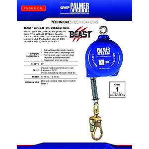Palmer Safety SRD 30 FT. Self Retracting Lifeline I ANSI Z359.14-2021 Class 1 I SRL Device Swivel Top Galvanized Cable w/Small Steel Snap Hook I Fall Arrest Safety Yoyo