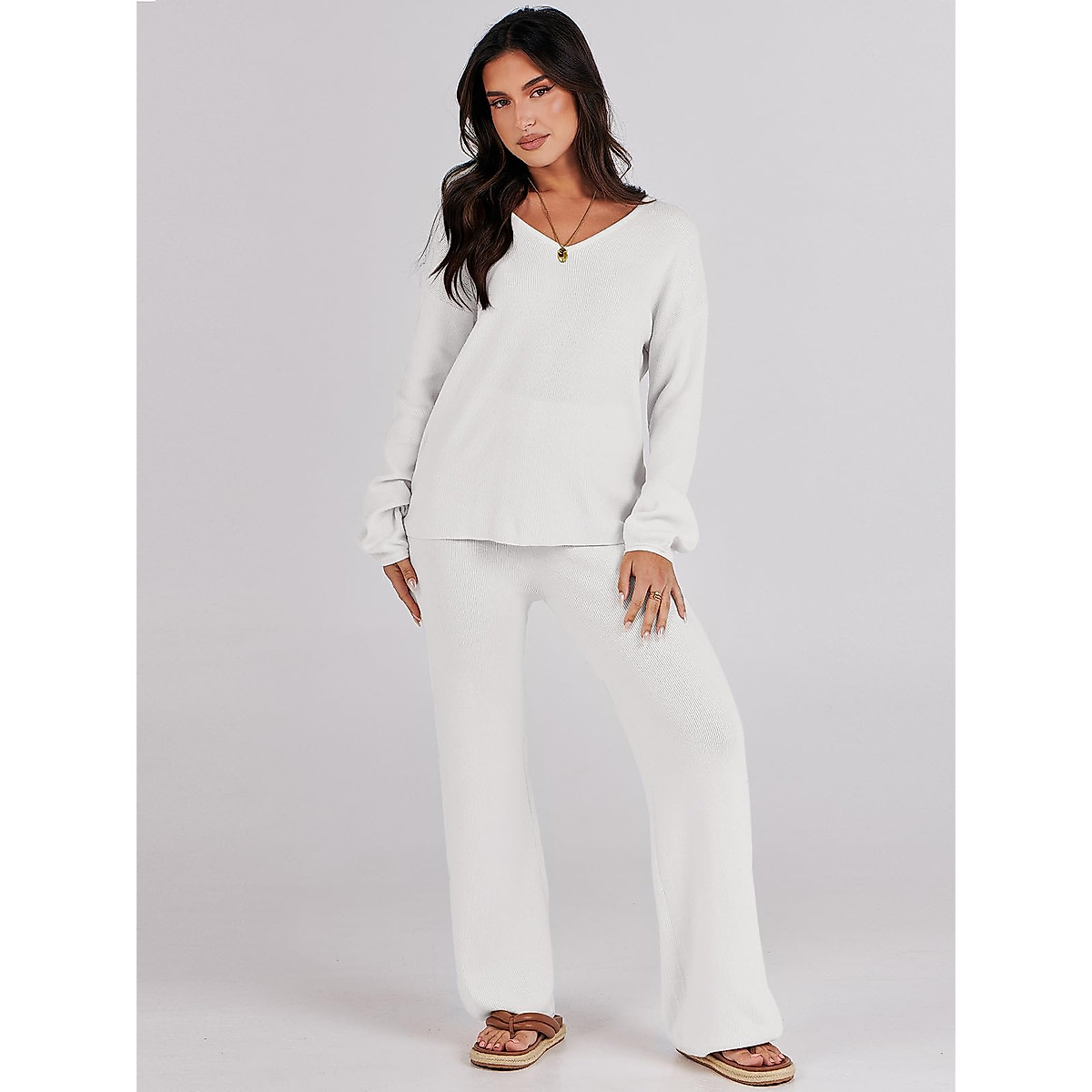 ANRABESS Women 2 Piece Outfits Sweater Lounge Sets Long Sleeve Cable Knit Pullover and Wide Leg Pants Tracksuit Matching Set White Large