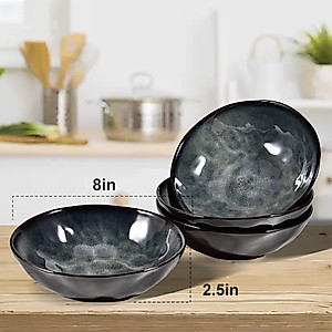 fMBB 33 OZ Ceramic Bowl Pasta Bowls Set of 4, Great Salad Bowl Set, Large Bowl For Eating, Dinner Bowls, Stackable Serving Bowls, Reactive Glaze Series, Black