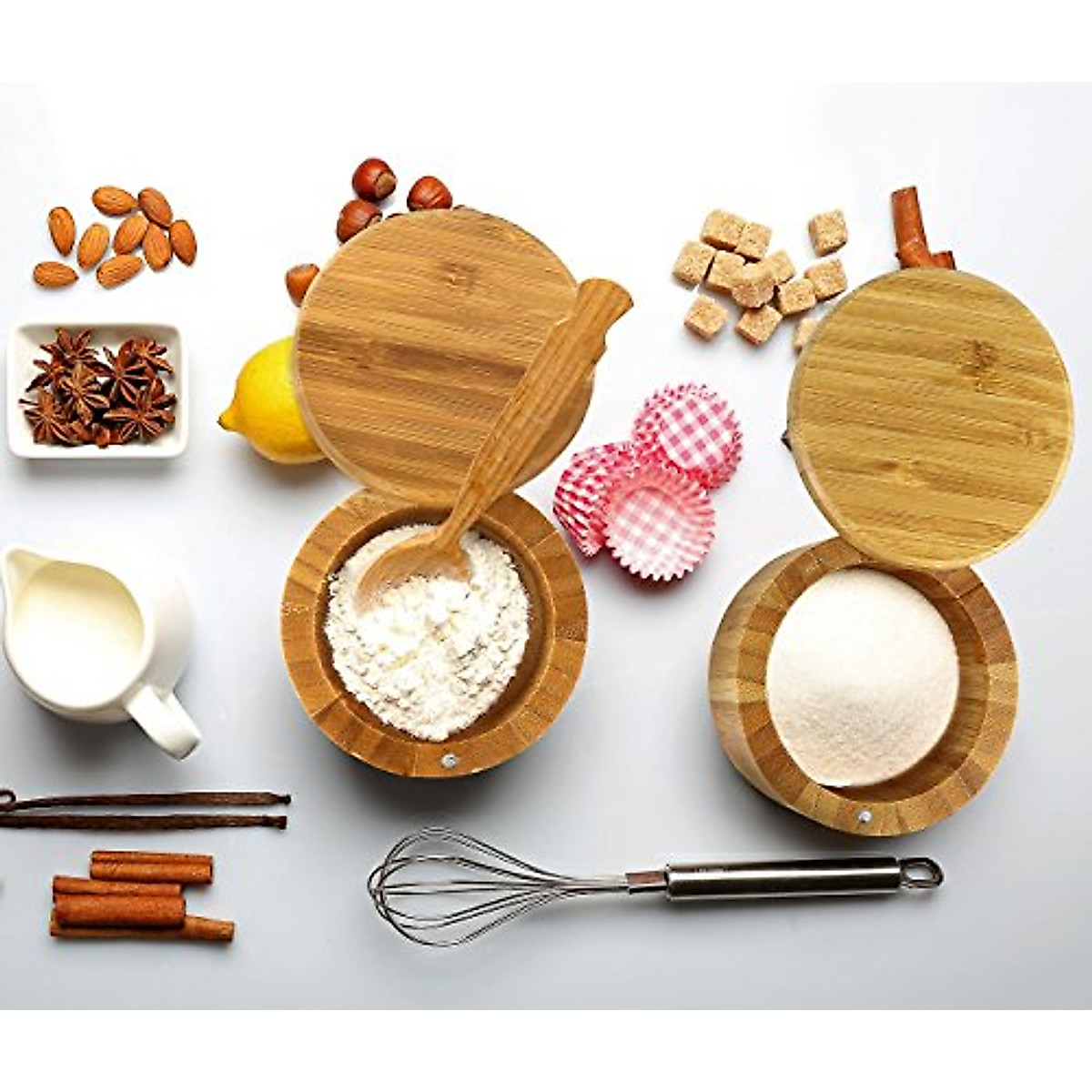 Estilo 2 pc Premium Bamboo Salt and Pepper Bowls, Wooden Spice Containers with Magnetic Swivel Lids, Perfect for Salt, Spice, Sugar, Pepper