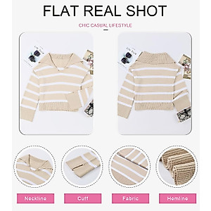 SHEWIN Fall Sweaters for Women Fashion V Neck Long Sleeve Winter Striped Sweater Casual Comfy Lapel Collar Knitted Tops Khaki X-Large