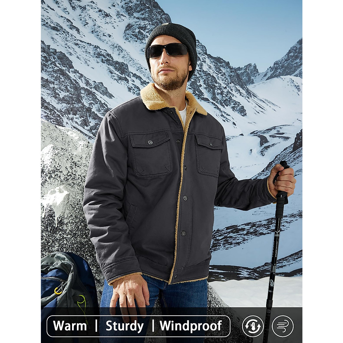 MAGCOMSEN Winter Jackets for Mens Sherpa Jacket Lined Trucker Jacket Cotton Military Jacket Dark Grey XL