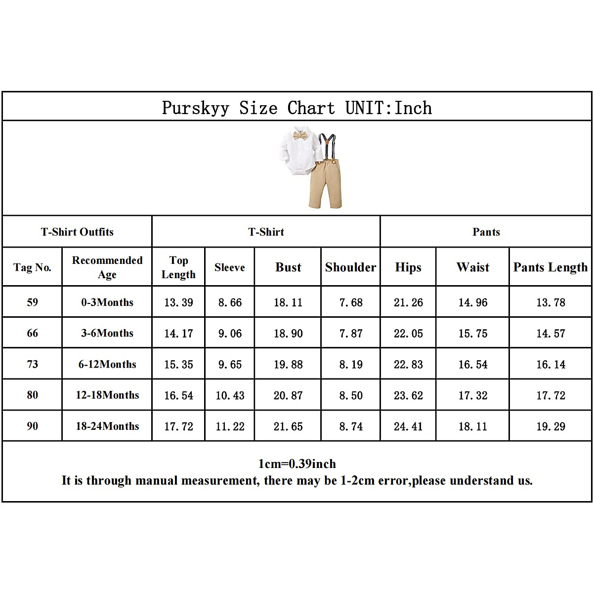 PURSKYY Baby Boy Dress Clothes 3-6 Months, Newborn Gentleman Outfit, Long Sleeves Shirt+ Bowtie+ Khaki Suspenders Pants, Fall Winter Infant Wedding Suit Set