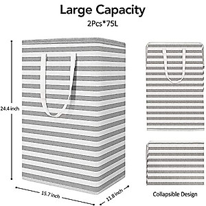 WISELIFE 2-Pack Laundry Hamper 75L Collapsible Large Laundry Baskets with Easy Carry Handles Freestanding Waterproof Clothes Hamper Storage Basket for Toys Clothes Organizer - 24.4" (H), Grey