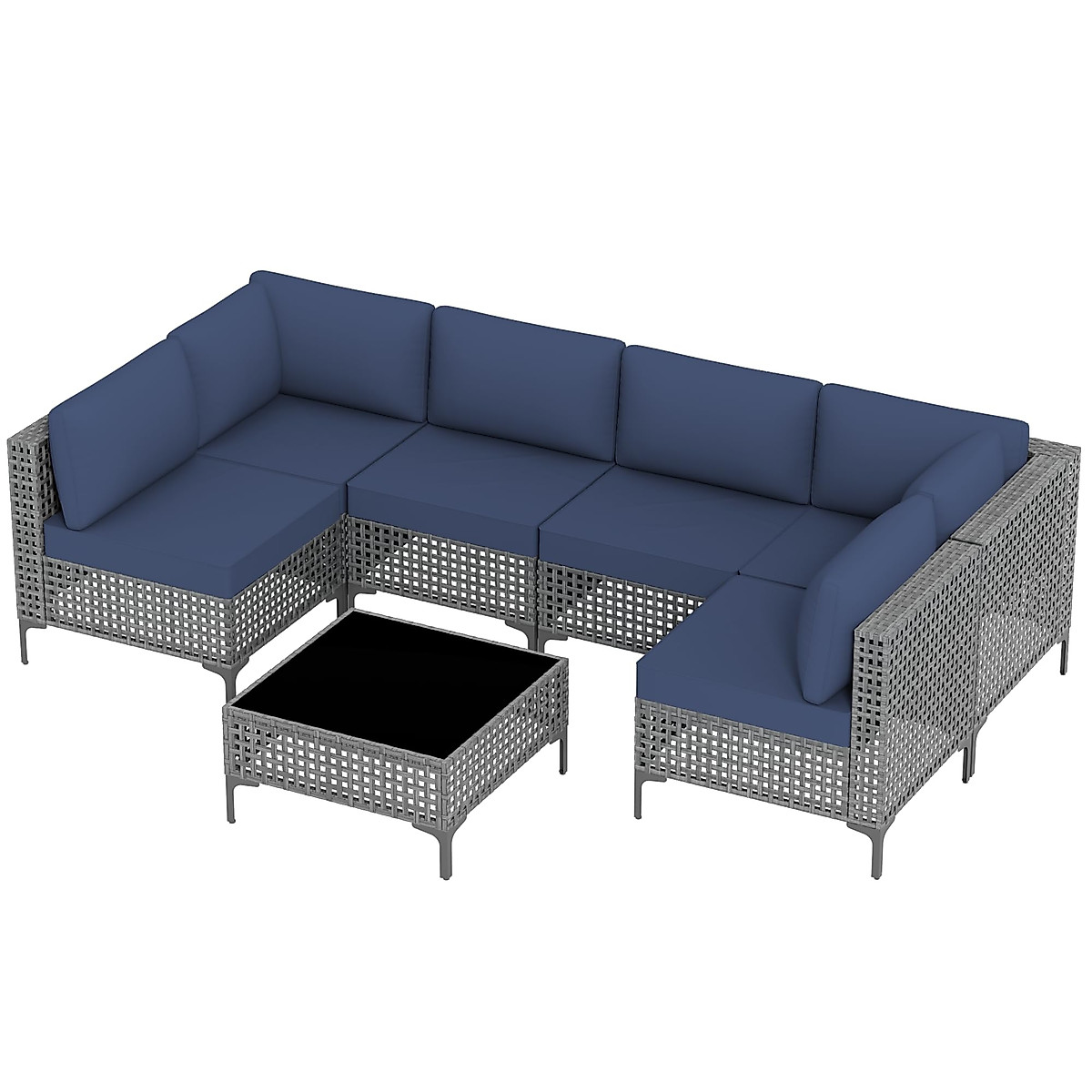 Piltwoff Patio Furniture Set,7 Piece Outdoor Sectional Sofa, Open-Weave Wicker Patio Conversation Sets with Navy Cushions & Glass Coffee Table for Balcony Porch Pool Deck,Grey Rattan