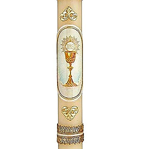 First Holy Communion Hand Decorated Taper Candle with Chalice and Host Design, Catholic Gifts for Girls and Boys, Tall Candles, Cirio para Primera Comunion, 11.25 Inches