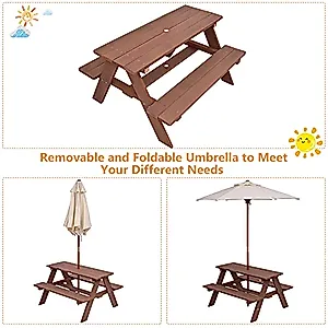 KOTEK Kids Picnic Table with Umbrella Foldable, Wooden Kids Table & Benches for Crafting, Eating & Playing, Outdoor Toddler Activity Table for Backyard, Patio, Garden, Gift for Ages 3-8