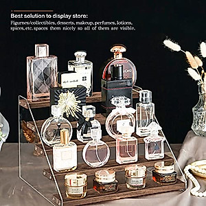 DILIBRA 5 Tier Wood Display Stand for Pop Figures, Clear Acrylic Display Riser Shelf for Vendors Amiibo Funko Cupcakes Perfumes Candies Cosmetics Decoration and Organizer