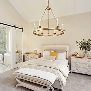 Uolfin Wagon Wheel Chandelier Gold, Modern Large 26.5” Dining Room Chandelier Light Fixture with 6 White Candlesticks for Kitchen, Living Room and Bedroom