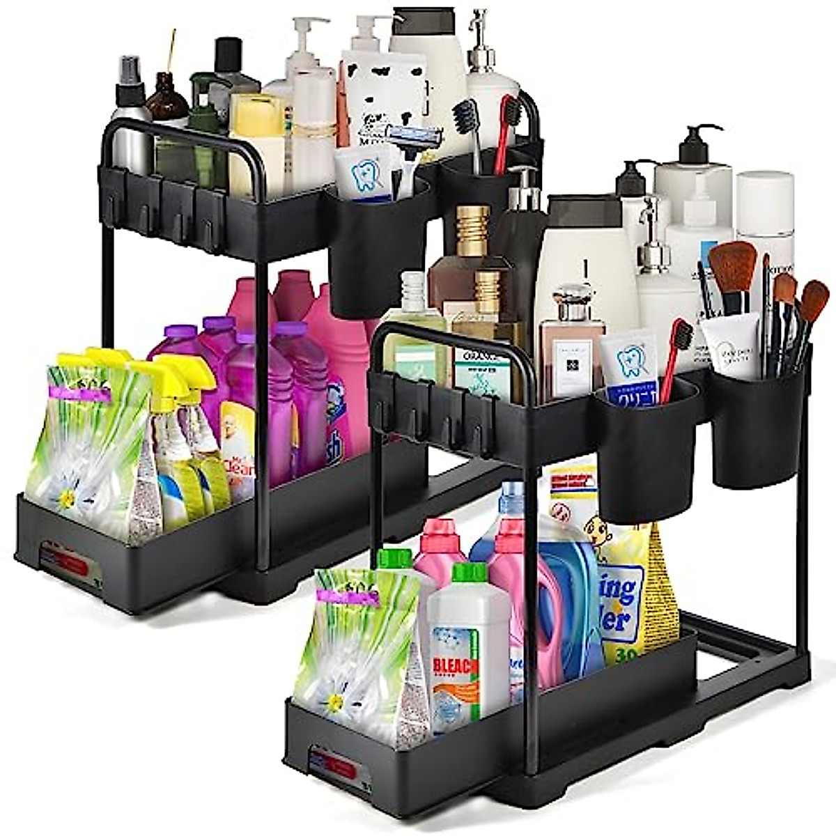 2 Pack Under Kitchen Sink Organizers Storage, 2-Tier Sliding Under Bathroom Cabinet Storage Drawer Organizer with Hooks, Hanging Cup, Handles, multi-purpose Under Sink Shelf Organizer, Black
