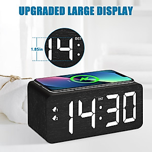 URAYCO Wooden Digital Alarm Clock, 10W Fast Wireless Charger Station & 2 USB Charging Ports, with 0~99% Dimmer, Dual Alarm, Weekday/Weekend Mode, Wood LED Clock for Bedroom, Desk, Office