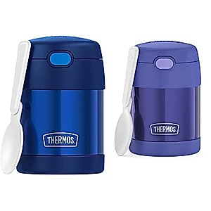 THERMOS FUNTAINER 10 Ounce Stainless Steel Vacuum Insulated Kids Food Jar with Folding Spoon, Navy & FUNTAINER 10 Ounce Stainless Steel Vacuum Insulated Kids Food Jar with Folding Spoon, Purple