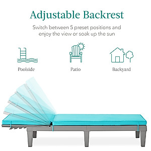 Best Choice Products Outdoor Lounge Chair, Resin Patio Chaise Lounger for Poolside, Backyard, Porch w/Seat Cushion, Adjustable Backrest, 5 Positions, 330lb Capacity - Gray/Teal