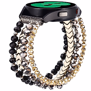 MOFREE Compatible for Samsung Galaxy Watch 4 40mm 44mm/Watch 4 Classic 42mm 46mm Bands, 20mm Handmade Fashion Elastic Beaded Bracelet Replacement for Galaxy Watch 3 41mm/Active/Active 2 Women, Black