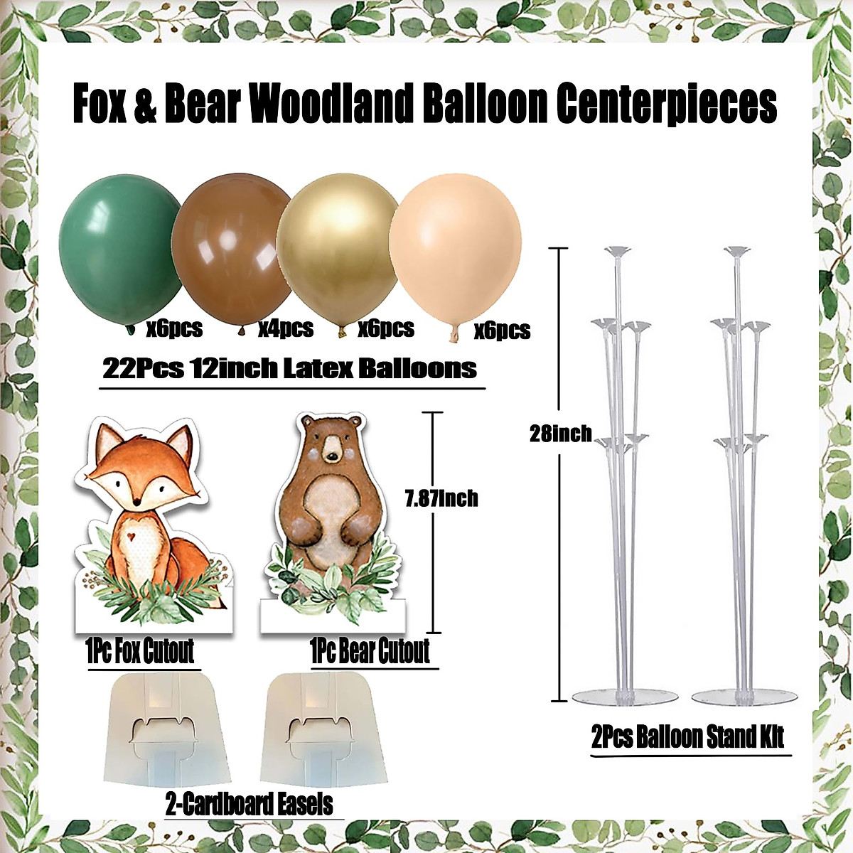 Woodland Balloon Stand Kit and Animals Centerpieces, 2 Set Table Stand Holder with 22 Balloons, Fox and Bear, Deer and Raccoon cutout, Wild one 1st Birthday Baby Shower Decorations (Fox and Bear)
