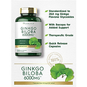 Carlyle Ginkgo Biloba Pills | 6000mg | 200 Capsules | Maximum Strength | Non-GMO, Gluten Free Supplement