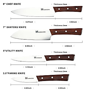 Howashin 4Pcs Chef Knife Set,Germen High Carbon Stainless Steel Kitchen Knife Set,Professional Knife Set Natural Wood Full Handle Tang With Gife-Box