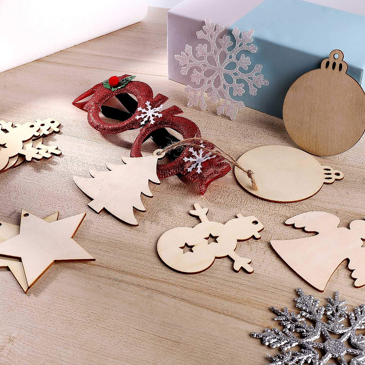 50 Pcs Unfinished Paintable Blank Wooden Christmas Festival Decoration Ornaments, Xmas Tree Hanging Wood Slices for Kids DIY Art Crafts, 5 Designs-Christmas Tree, Snowman, Stars, Angel, Round