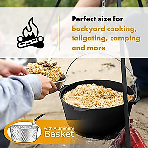 Bruntmor 2-in-1, 9 Quart Pre-seasoned Cast Iron Dutch Oven Kitchen Utensils Set With Handle And Deep Fry Basket With Stainless Steel Lid Skillets | All-in-One Camping Cookware Pots And Pans Set.