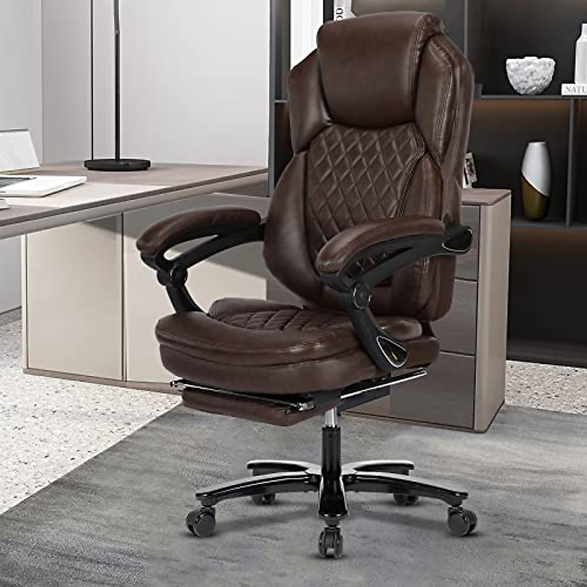 Comermax Big and Tall Home Office Desk Chairs for 400lb Heavy People, Ergonomic Reclining Office Chair with Footrest and Wide Seat, Plus Size Managerial Executive Chairs (Coffee Brown)
