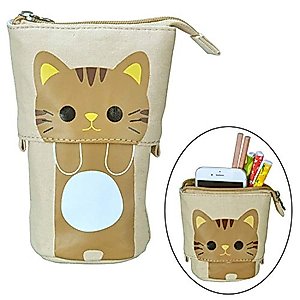 Oyachic Telescopic Pencil Holder Cat Pen Case Stand UP Cosmetics Organizer Pouch Zipper Box Bag with Inner Pocket