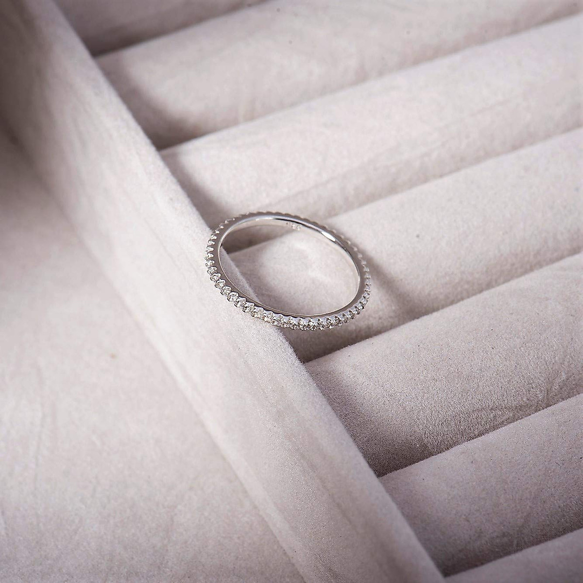 espere 18K Gold Plated Sterling Silver Full Eternity Band | Cubic Zirconia Paved Wedding Band | Thin CZ Stacking Ring (Silver, 4)