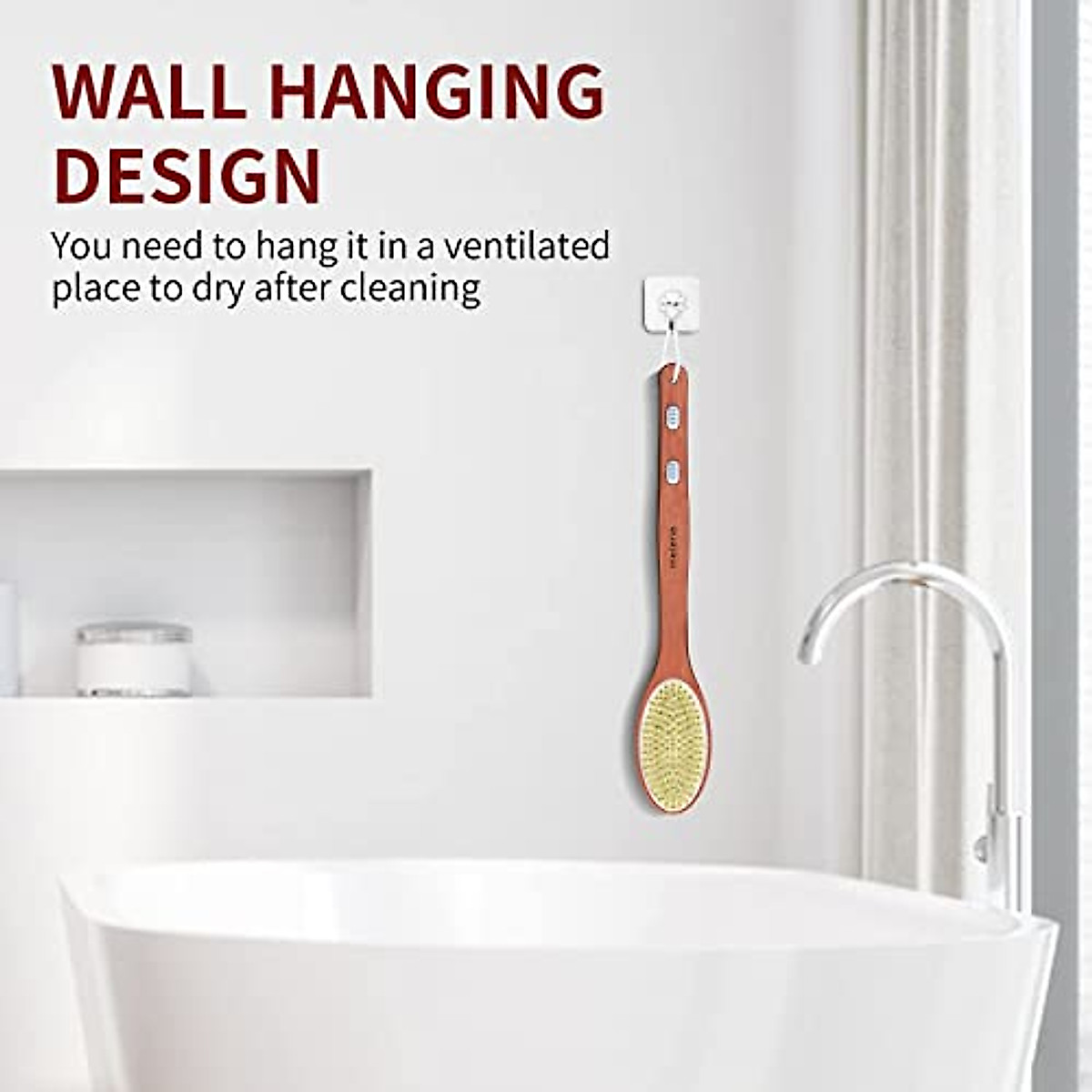 Metene Shower Brush with Upgrade 17-inch Rosewood Handle, Double-Sided Body Brush with Stiff and Soft Natural Bristles for Wet or Dry Brushing, Back Scrubber for Gentle Exfoliating and Clean Easily