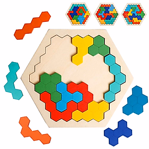 USATDD Wooden Hexagon Puzzle for Kid Adult Brain Teaser Puzzles Challenge Toy Shape Pattern Blocks Tangram Geometry Logic IQ Games STEM Montessori Educational Gift for 4-8 Boys Girls